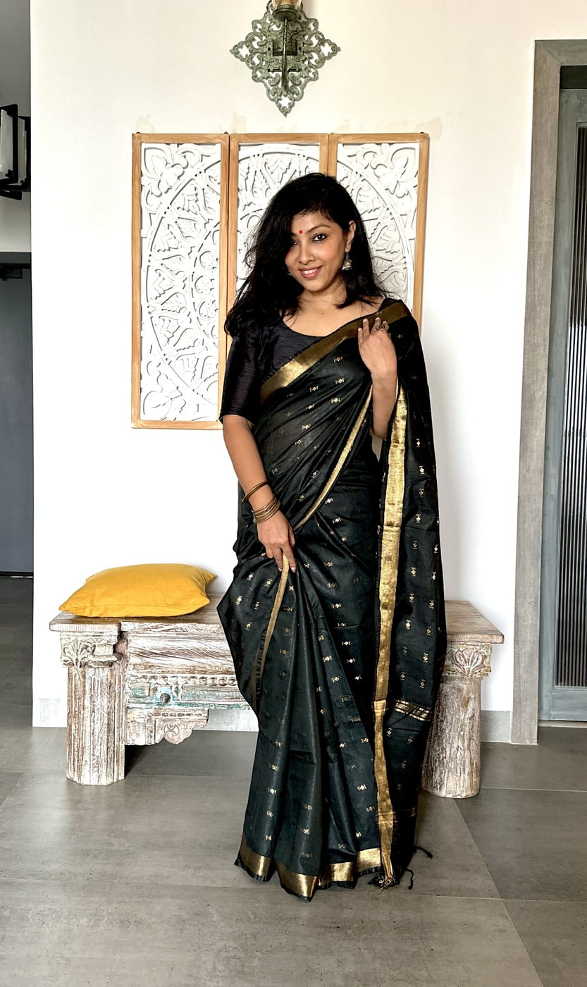 Cotton Silk Saree with Zari Boota All over - Black